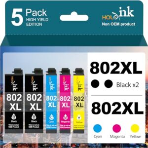 5 Pack 802XL Remanufactured Replacement for Epson 802 Ink Cartridges for Workforce Pro WF-4740 WF-4730 WF-4720 WF-4734 EC-4020 EC-4030 (2 Black, 1 Cyan, 1 Magenta, 1 Yellow)