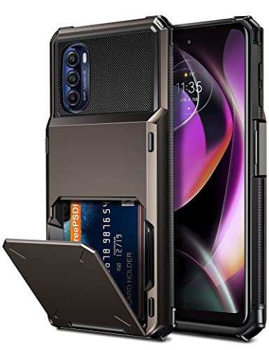 Vofolen Wallet Cover 4-Card Credit Card Holder ID Slot Scratch Resistant Dual Layer Hybrid Protective Hard Shell Rugged TPU Bumper Armor Case for Motorola Moto G 5G 2022 Gun