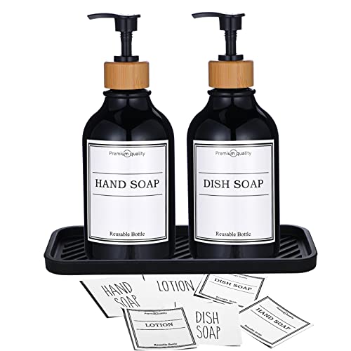 Set of 2, 16 Oz Dish Soap Dispenser for Kitchen Sink with Bamboo Pump, Black Plastic Kitchen Soap Dispenser Set with Black Silicone Tray