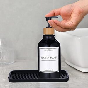 Set of 2, 16 Oz Dish Soap Dispenser for Kitchen Sink with Bamboo Pump, Black Plastic Kitchen Soap Dispenser Set with Black Silicone Tray