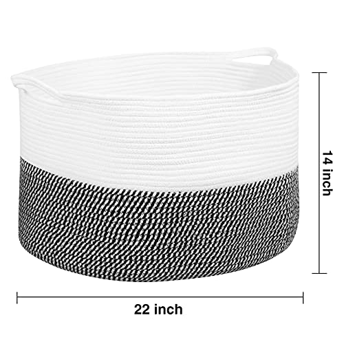 Large Woven Cotton Rope Storage Basket with Handle Laundry Basket Baby Toy Storage Basket Clothes Blanket Basket Bedroom Living Room Laundry Basket (22''*14'') (black & white)