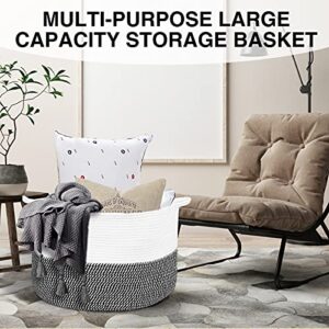 Large Woven Cotton Rope Storage Basket with Handle Laundry Basket Baby Toy Storage Basket Clothes Blanket Basket Bedroom Living Room Laundry Basket (22''*14'') (black & white)