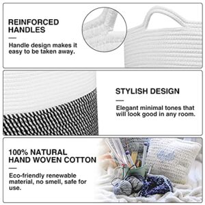 Large Woven Cotton Rope Storage Basket with Handle Laundry Basket Baby Toy Storage Basket Clothes Blanket Basket Bedroom Living Room Laundry Basket (22''*14'') (black & white)