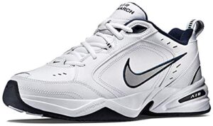 nike men's air monarch iv walking shoes, white/metallic silver/navy, size 12