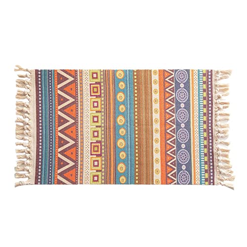 aoaoaoway Cotton Rug Soft Rug and Handwoven Fringe Rectangular Cotton Rug Tapestry Boho Kitchen, Living Room (Blue&Orange, 35.4 * 23.6)