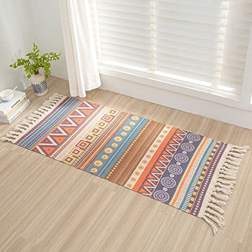 aoaoaoway Cotton Rug Soft Rug and Handwoven Fringe Rectangular Cotton Rug Tapestry Boho Kitchen, Living Room (Blue&Orange, 35.4 * 23.6)