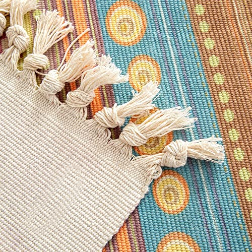 aoaoaoway Cotton Rug Soft Rug and Handwoven Fringe Rectangular Cotton Rug Tapestry Boho Kitchen, Living Room (Blue&Orange, 35.4 * 23.6)