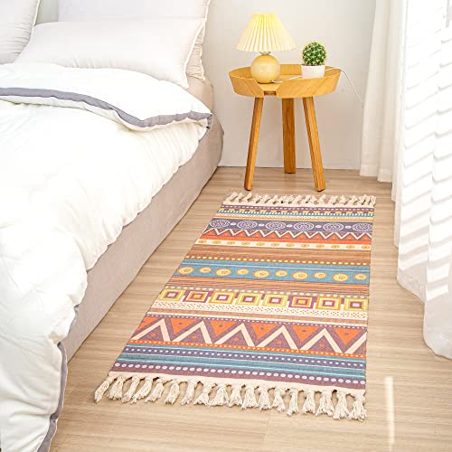 aoaoaoway Cotton Rug Soft Rug and Handwoven Fringe Rectangular Cotton Rug Tapestry Boho Kitchen, Living Room (Blue&Orange, 35.4 * 23.6)