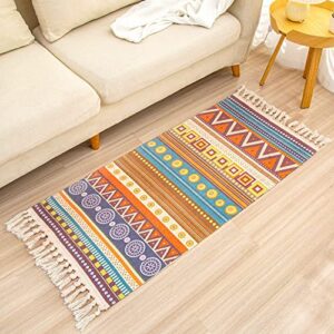 aoaoaoway Cotton Rug Soft Rug and Handwoven Fringe Rectangular Cotton Rug Tapestry Boho Kitchen, Living Room (Blue&Orange, 35.4 * 23.6)