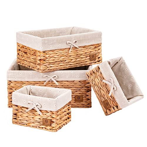 QH & Garden Hand-Woven Water Hyacinth Storage Baskets,Decorative Rectangular Wicker Basket with Detachable Liner,Natural Seagrass Woven Organizer Baskets for Shelves (set of 4)