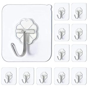 jelken wall hooks, 12 pack heavy duty 22lb(max) self adhesive hooks, transparent sticky hooks for kitchen bathroom office closet, hanging coat cloth towel key decorations