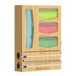 uamector 6 in 1 foil and plastic wrap organizer, ziplock bag organizer for kitchen drawer, plastic wrap dispenser with cutter, bamboo bag storage organizer for gallon, quart, sandwich