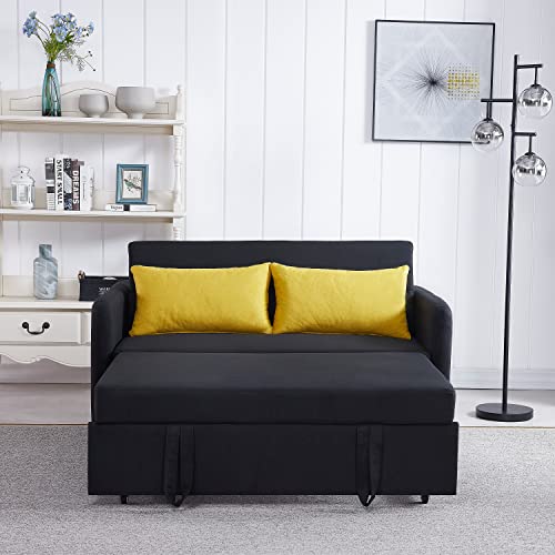 LyuHome Convertible Sofa Bed, Pull Out Sleeper Sofa Bed Couch with USB Socket, Loveseat Sleeper Sofa with Adjustable Backrest, 2 Pillows and Arm Pockets for Living Room (Black)