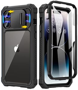 caka for iphone 14 pro max case, iphone 14 pro max case with slide camera cover & built-in screen protector heavy duty shockproof phone case cover for iphone 14 pro max 6.7 inch, black