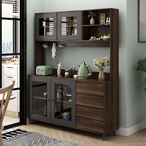 DiDuGo Kitchen Hutch Storage Cabinet with Glass Doors, Pantry with 4 Drawers & Shelves, Hanging Hooks, Metal Legs, for Hallway Deep Walnut (62.9”W x 15.7”D x 74.8”H)