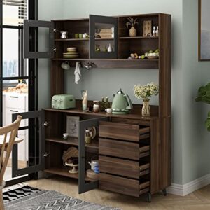 DiDuGo Kitchen Hutch Storage Cabinet with Glass Doors, Pantry with 4 Drawers & Shelves, Hanging Hooks, Metal Legs, for Hallway Deep Walnut (62.9”W x 15.7”D x 74.8”H)