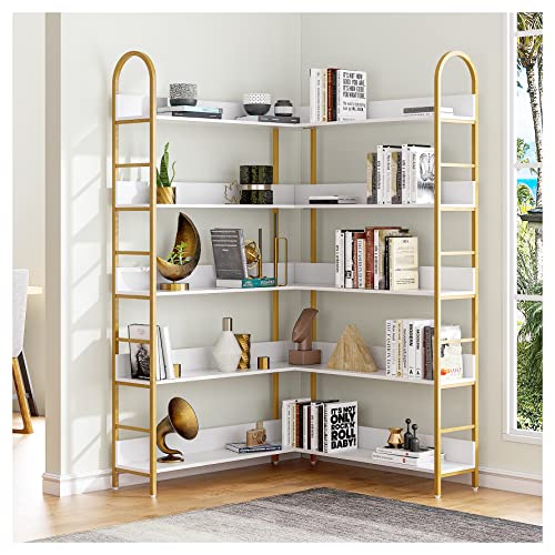 5-Tier Gold Bookcase, L-Shape Corner Bookshelf White & Gold, Modern Display Shelf Book Shelves with Adjustable Foot, Freestanding Storage Shelves for Home Office Use