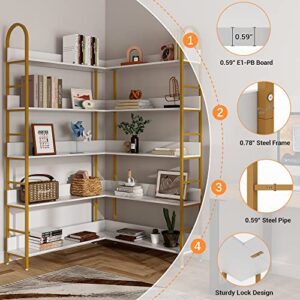 5-Tier Gold Bookcase, L-Shape Corner Bookshelf White & Gold, Modern Display Shelf Book Shelves with Adjustable Foot, Freestanding Storage Shelves for Home Office Use