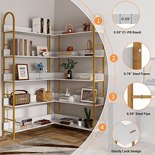 5-Tier Gold Bookcase, L-Shape Corner Bookshelf White & Gold, Modern Display Shelf Book Shelves with Adjustable Foot, Freestanding Storage Shelves for Home Office Use