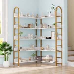 5-Tier Gold Bookcase, L-Shape Corner Bookshelf White & Gold, Modern Display Shelf Book Shelves with Adjustable Foot, Freestanding Storage Shelves for Home Office Use