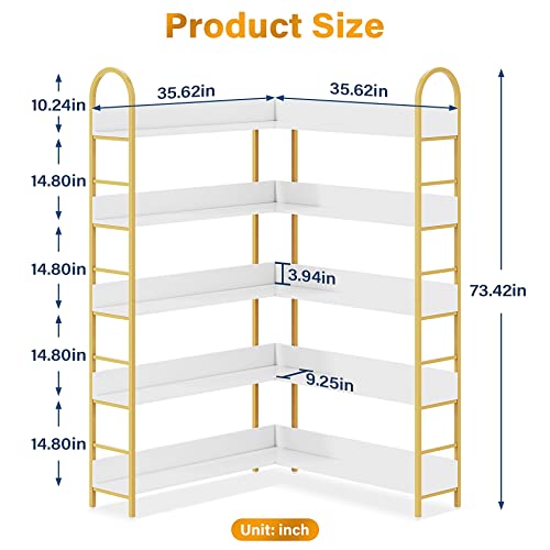 5-Tier Gold Bookcase, L-Shape Corner Bookshelf White & Gold, Modern Display Shelf Book Shelves with Adjustable Foot, Freestanding Storage Shelves for Home Office Use