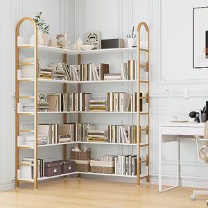 5-Tier Gold Bookcase, L-Shape Corner Bookshelf White & Gold, Modern Display Shelf Book Shelves with Adjustable Foot, Freestanding Storage Shelves for Home Office Use