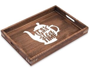 it's tea time - rectangle wooden coffee serving tray with handles, funny rustic farmhouse foods tray coffee table tray home kitchen decorative for christmas birthday tea lovers gifts