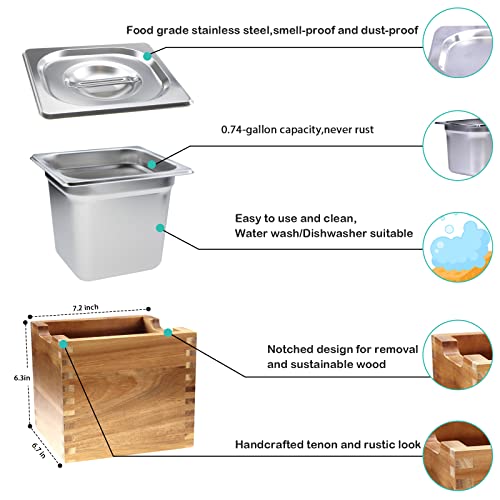 Gogreebell Compost Bin Kitchen-Countertop Compost bin with lid & Acacia Wooden Box, Kitchen Compost Container- Smell Proof, Indoor Compost Bin with Stainless Steel