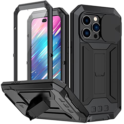 Lunivop Armor Metal Compatible with iPhone 14 Pro Max 6.7 inch 2022 Case Cameras Protection Heavy Duty Protection Doom Cover Shockproof with Built in Screen Protector Holder Kickstand (Black)