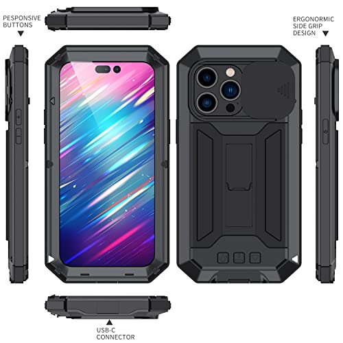 Lunivop Armor Metal Compatible with iPhone 14 Pro Max 6.7 inch 2022 Case Cameras Protection Heavy Duty Protection Doom Cover Shockproof with Built in Screen Protector Holder Kickstand (Black)