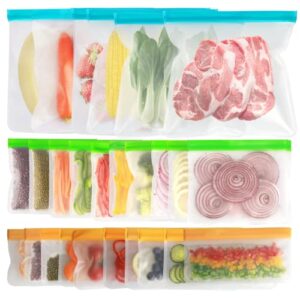 26 pack reusable food storage bags,bpa free reusable bags silicone(6 reusable gallon bags+10 reusable sandwich bags+10 snack bags), reusable freezer bags for kid travel outdoor