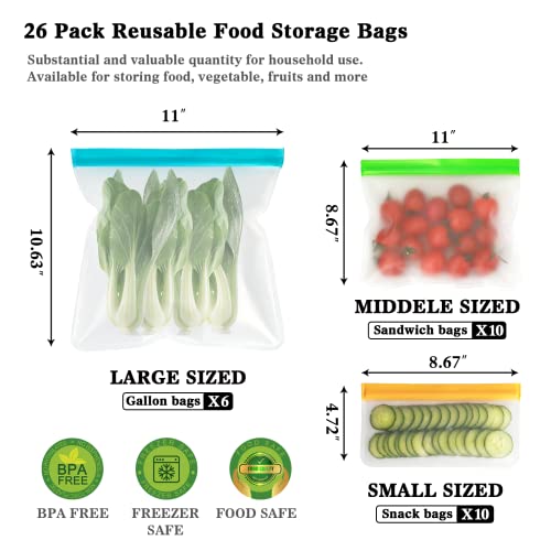 26 pack Reusable Food Storage Bags,BPA Free Reusable Bags Silicone(6 Reusable Gallon Bags+10 Reusable Sandwich Bags+10 Snack Bags), Reusable Freezer Bags for Kid Travel Outdoor