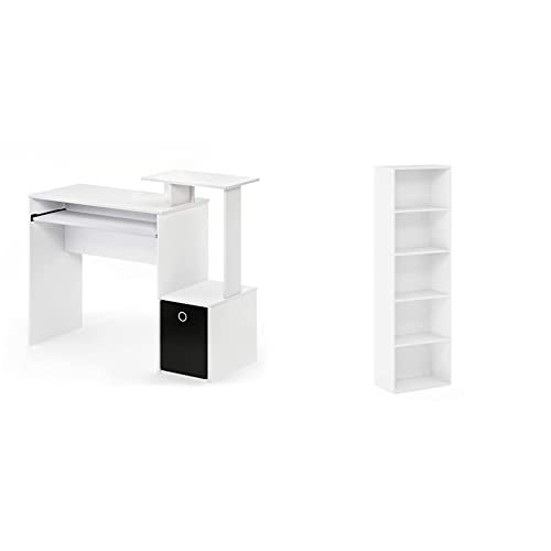 Furinno Econ Multipurpose Home Office Computer Writing Desk, White/Black & Luder Bookcase/Book/Storage, 5-Tier, White