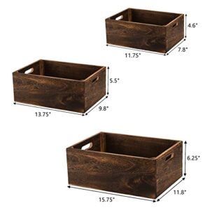 Frcctre Set of 3 Wood Nesting Storage Crates with Handles, Decorative Farmhouse Wooden Crates Storage Containers Rustic Handmade Natural Solid Wood Basket