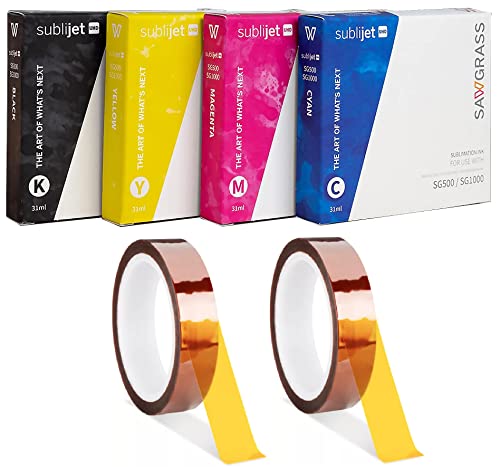 Sawgrass SG500 Sublimation Ink Cartridges Sublijet UHD - Bundle with 2 Rolls Sublimax Heat Resistant Tape (SG500 Ink Cyan Yellow Magenta Black)