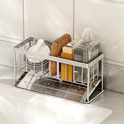 Mukkuri Kitchen Sink Sponge Holder,Kitchen Sink Organizer with Auto Drain Pan,Stainless Steel 304 Dish Sponge Holder for Kitchen with Dish Towel Bar (Silver-Manual Tray)