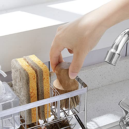 Mukkuri Kitchen Sink Sponge Holder,Kitchen Sink Organizer with Auto Drain Pan,Stainless Steel 304 Dish Sponge Holder for Kitchen with Dish Towel Bar (Silver-Manual Tray)