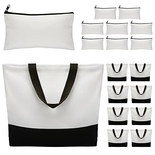 16 Pack Canvas Tote Bag and Makeup Bag Blank Plain Canvas Bag Large Reusable Grocery Bags Shopping Cloth Bags with Handles DIY Craft Bag Canvas with Zipper Cosmetic Bag