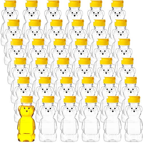 Thenshop 36 Pieces Plastic Empty Honey Bear Bottle Honey Squeeze Bottle Honey Bear Cup with Yellow Flip Top Lid Bear Shaped Jar Honey Containers for Juice Storing and Dispensing(240 ml/ 8 oz)