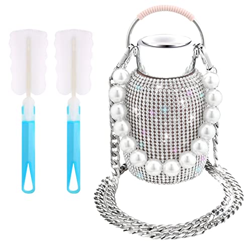 GENDLTHIJ Diamond Water Bottle Bling Stainless Steel Thermal Bottle, Colorful Vacuum Flask Refillable Insulated Water Bottle with Chain Glitter Water Bottle with Pearl Bracelet for Women Girl (Silver)