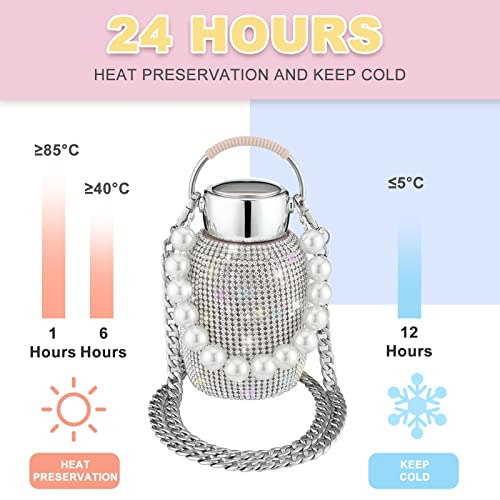 GENDLTHIJ Diamond Water Bottle Bling Stainless Steel Thermal Bottle, Colorful Vacuum Flask Refillable Insulated Water Bottle with Chain Glitter Water Bottle with Pearl Bracelet for Women Girl (Silver)