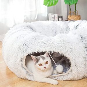 luckitty warm fluffy plush cat dog tunnel bed with washable cushion-big tube playground toys 3 ft diameter longer crinkle collapsible 3 way, for indoor cat kitty kitten puppy rabbit ferret white