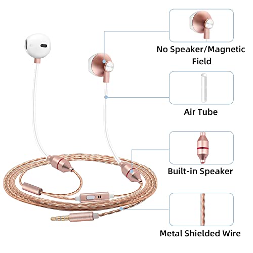 ibrain Air Tube Headphones EMF Free Airtube Earbuds Wired with Patented Air Tube Technology for Safe Listening Mode Air Tube Headset Noise Isolating in-Ear Earbud with Mic - Rose Gold