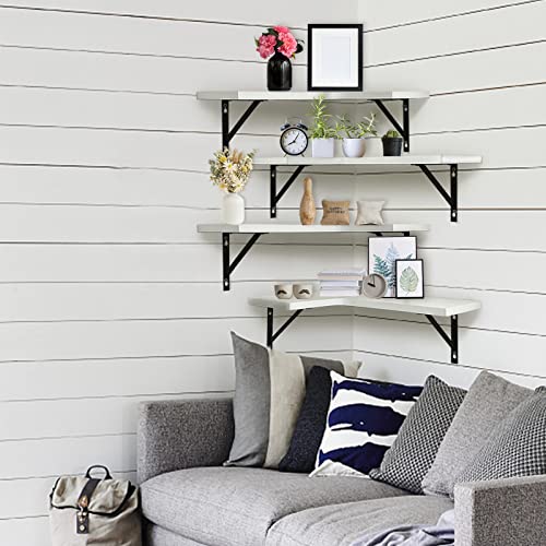 Asvor Clark Corner Floating Shelves White, Floating Corner Shelf Wall Mounted Set of 4, Floating Wall Shelves for Bedroom, Living Room, Bathroom, Kitchen, Office