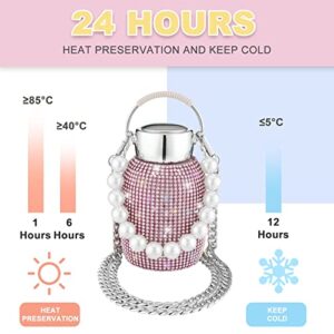 Diamond Water Bottle Bling Diamond Vacuum Flask Sparkling Glitter 7.78 OZ Bottles with Pearl Bracelet for Women Refillable Insulated Bottle Stainless (Pink)