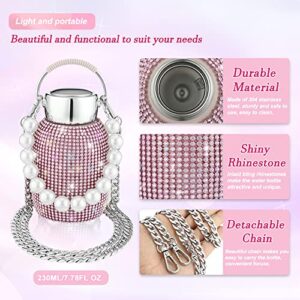 Diamond Water Bottle Bling Diamond Vacuum Flask Sparkling Glitter 7.78 OZ Bottles with Pearl Bracelet for Women Refillable Insulated Bottle Stainless (Pink)