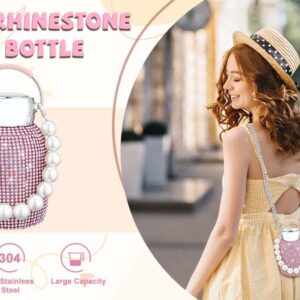 Diamond Water Bottle Bling Diamond Vacuum Flask Sparkling Glitter 7.78 OZ Bottles with Pearl Bracelet for Women Refillable Insulated Bottle Stainless (Pink)