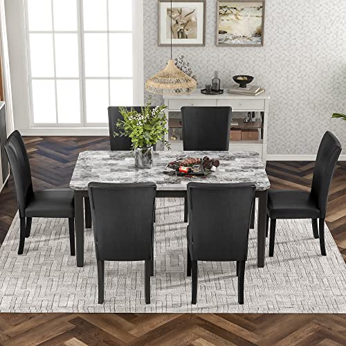 DHHU Furniture, 7-Piece Dining 1 Faux Marble Top Upholstered-Seats, Kitchen Table Set for 6, Black