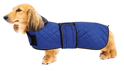 Warm Thermal Quilted Dachshund Coat, Dog Winter Coat with Warm Fleece Lining, Outdoor Dog Apparel with Adjustable Bands for Medium, Large Dog-Blue-XS