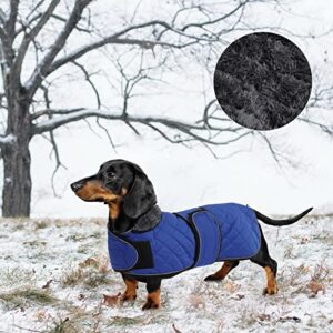 Warm Thermal Quilted Dachshund Coat, Dog Winter Coat with Warm Fleece Lining, Outdoor Dog Apparel with Adjustable Bands for Medium, Large Dog-Blue-XS